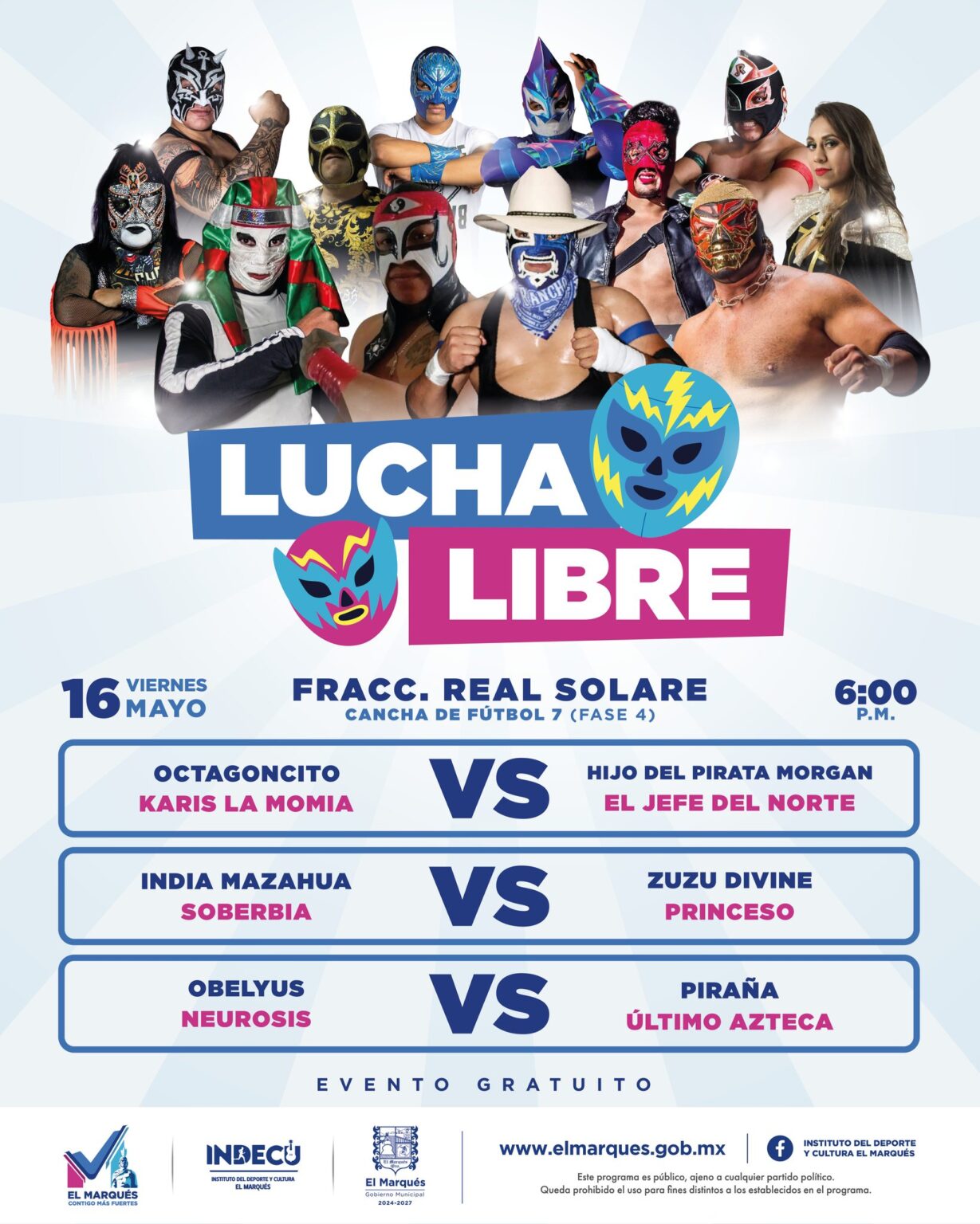 ¡A dos de tres caídas! Habrá función de Lucha Libre gratis en El Marqués